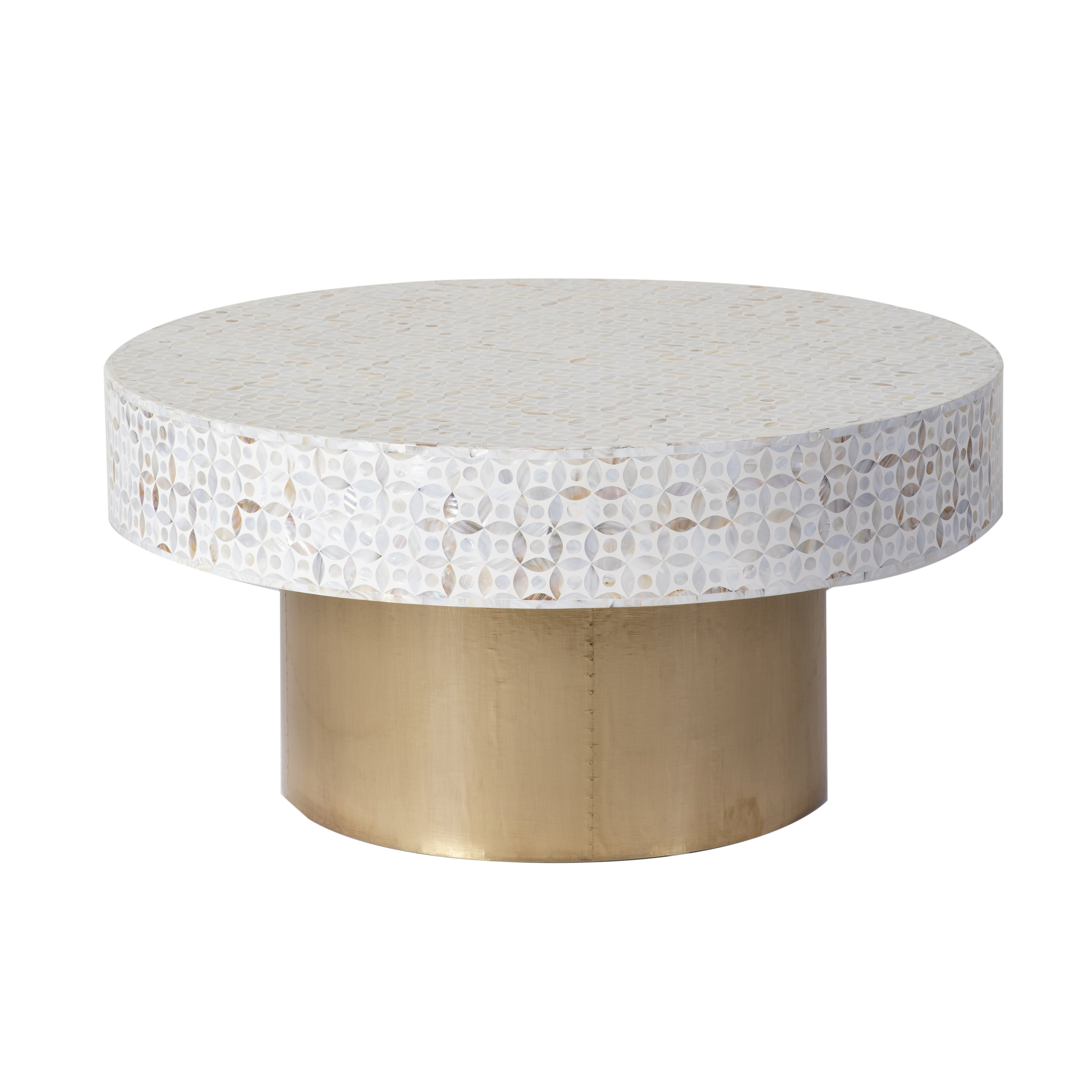 Pearlescent Palace Mother of Pearl Inlay Coffee Table with Brass Cappe