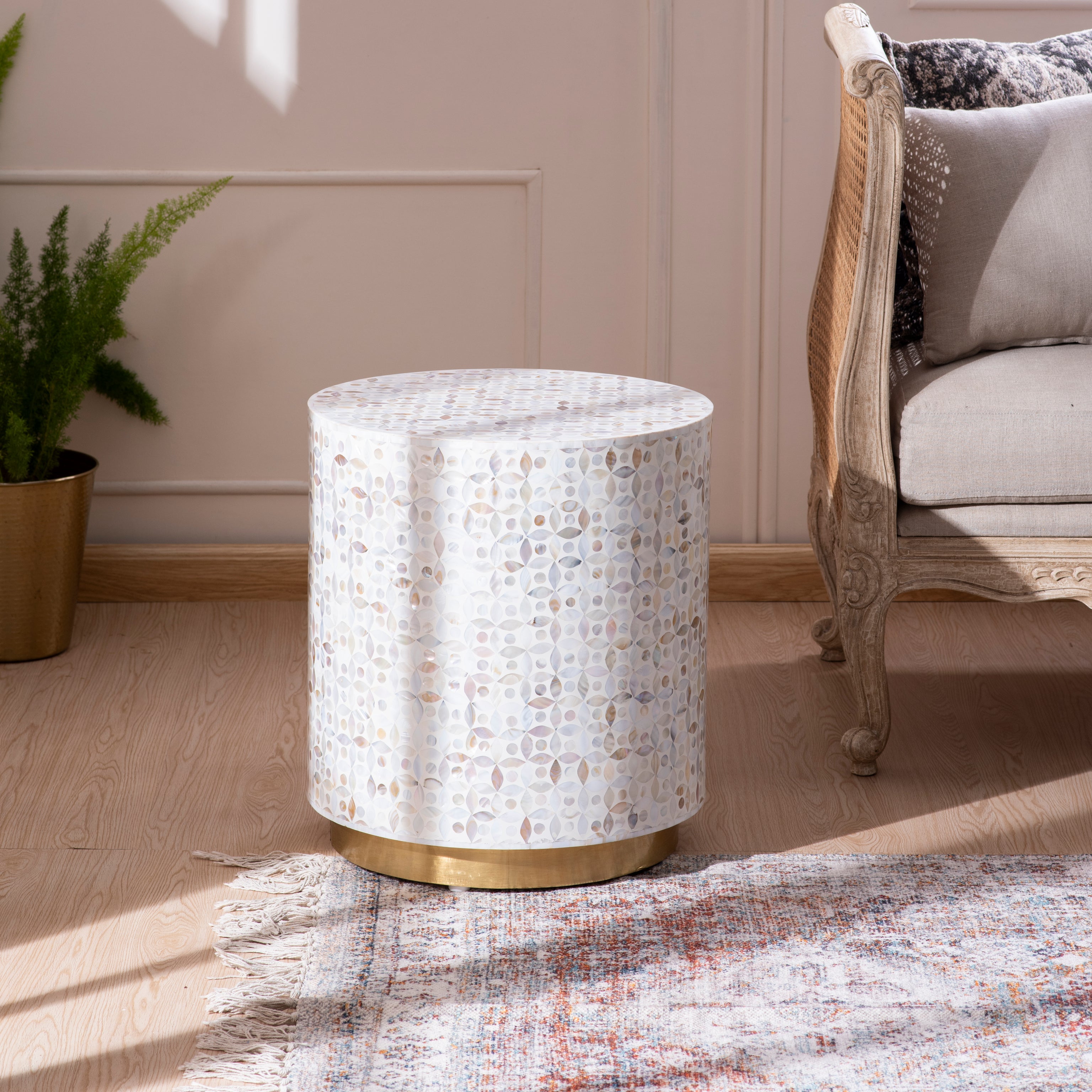 Pearlescent Palace Mother of Pearl Inlay Side Table cum Stool with Bra