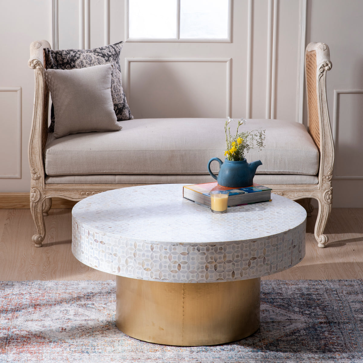 Pearlescent Palace Mother of Pearl Inlay Coffee Table with Brass Cappe