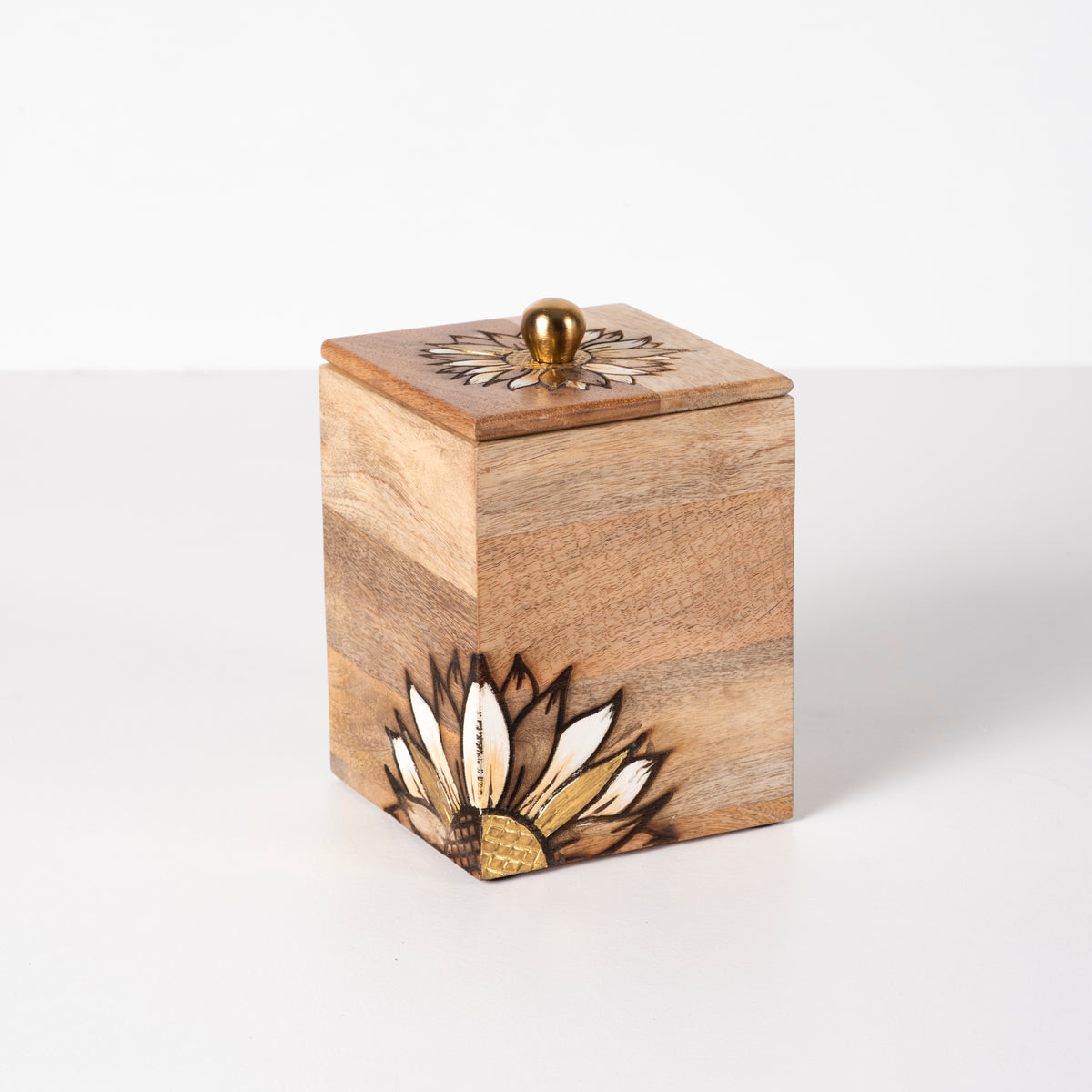 Sunflower Phyographed Burned Wood & Brass Leaf Inlay Cookie Canister