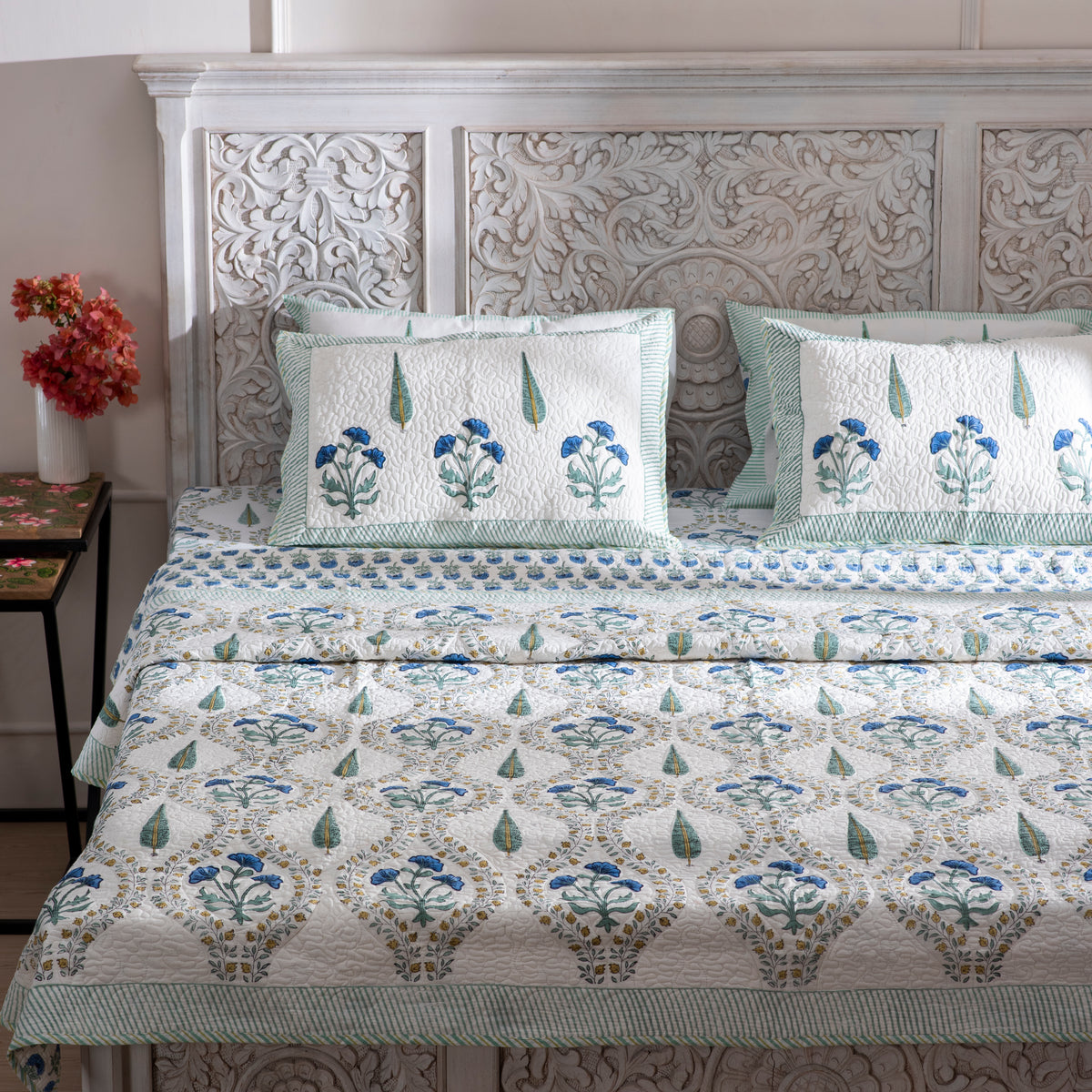 Electric Petals Hand Block Printed Quilted Bedcover cum Comforter with