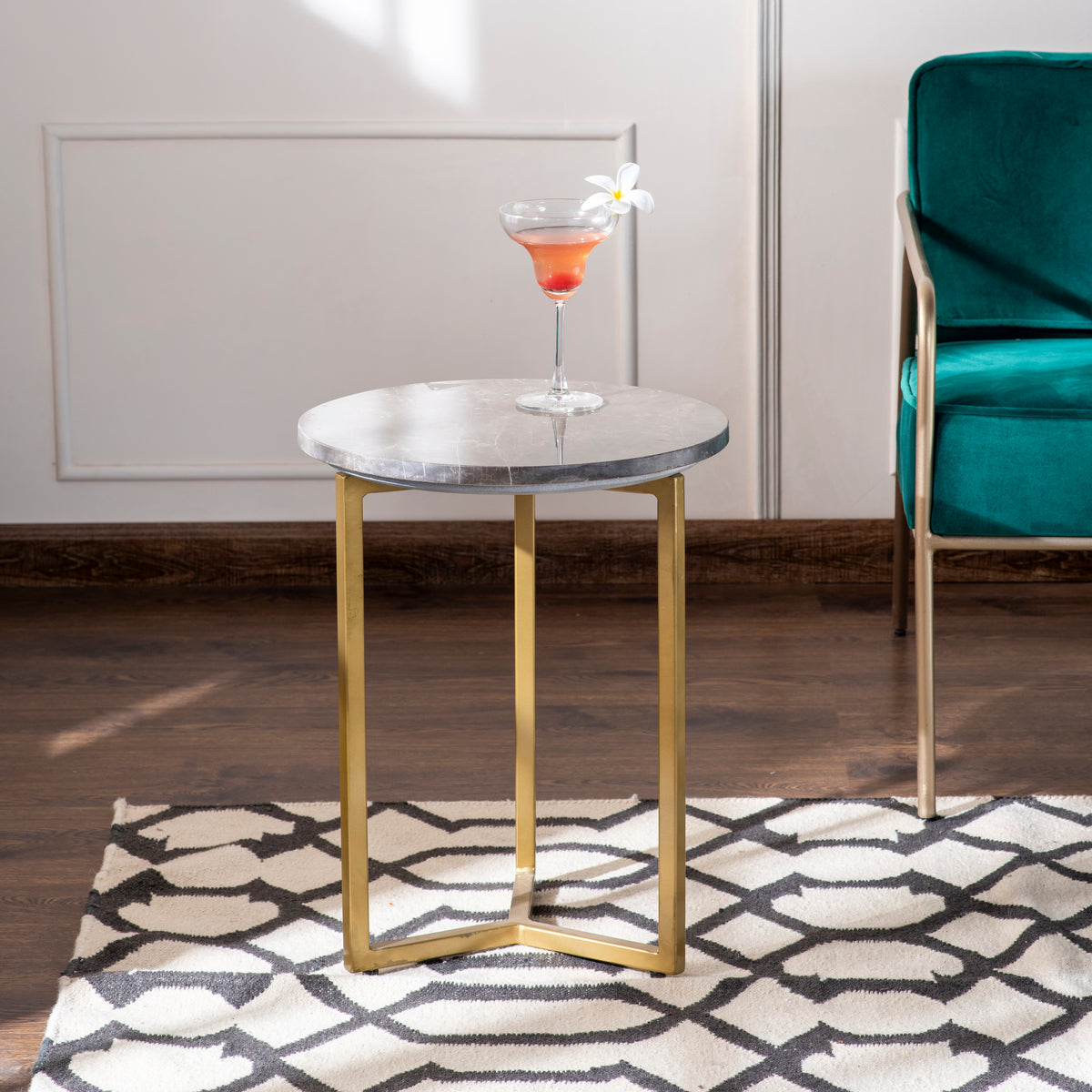 Oasis Brown Marble Top Side Table with Electroplated Gold Legs