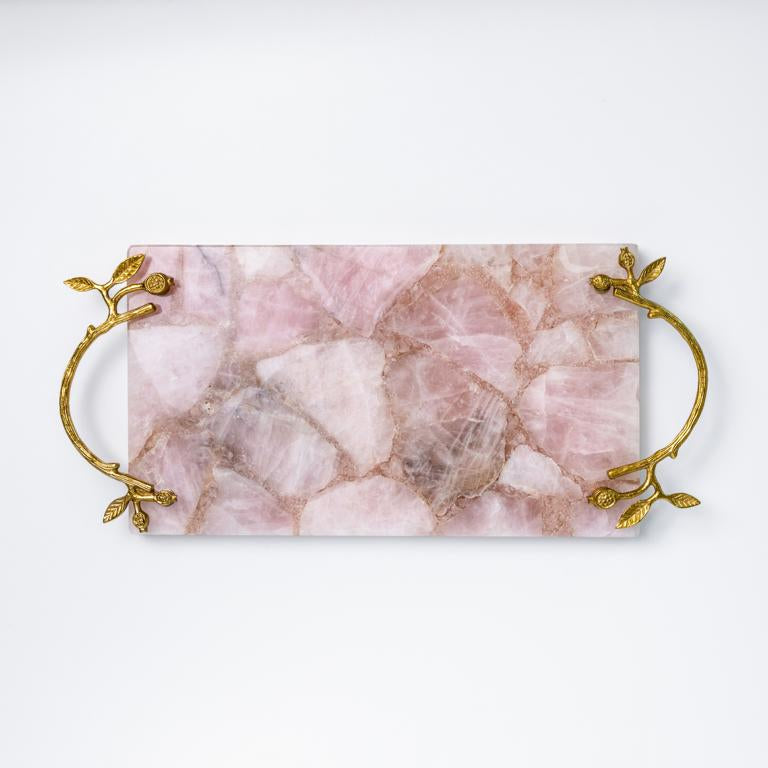 Luxe Rose Quartz Tray with Brass Handles – ROOH FOR SPACES